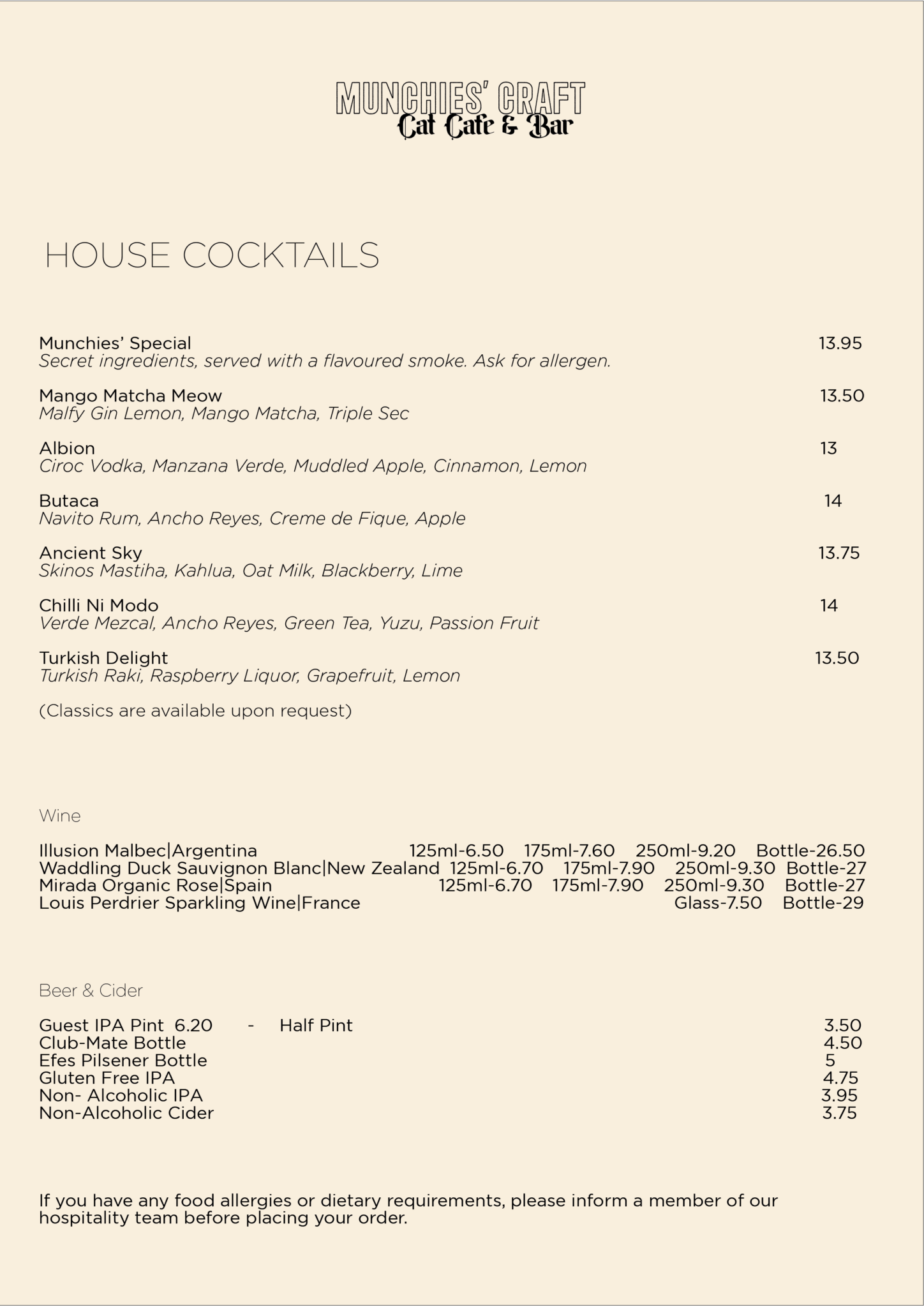 Menu - Munchies' Craft